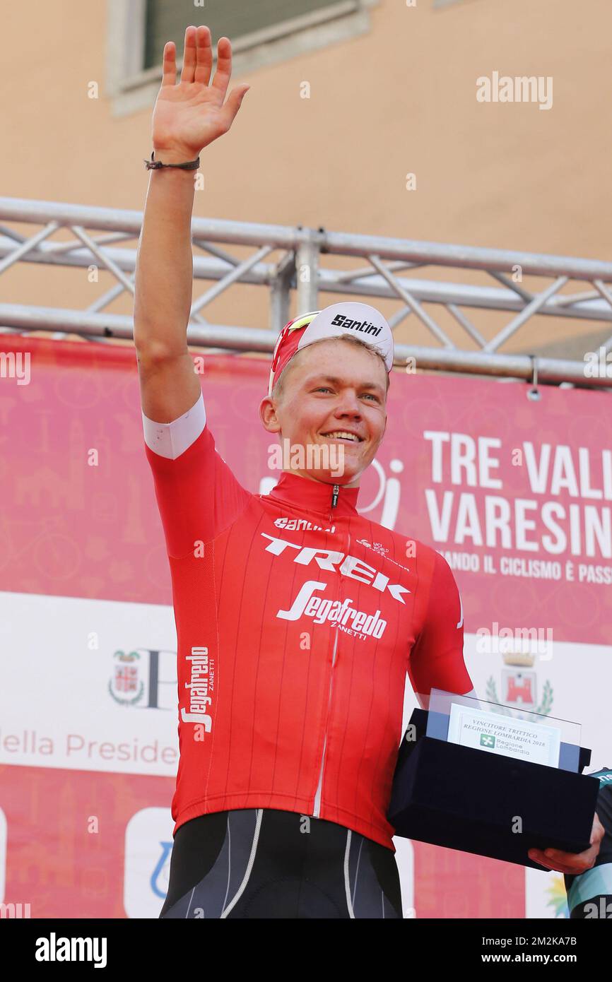 Latvian Toms Skujins of Trek-Segafredo celebrates on the podium of the ...