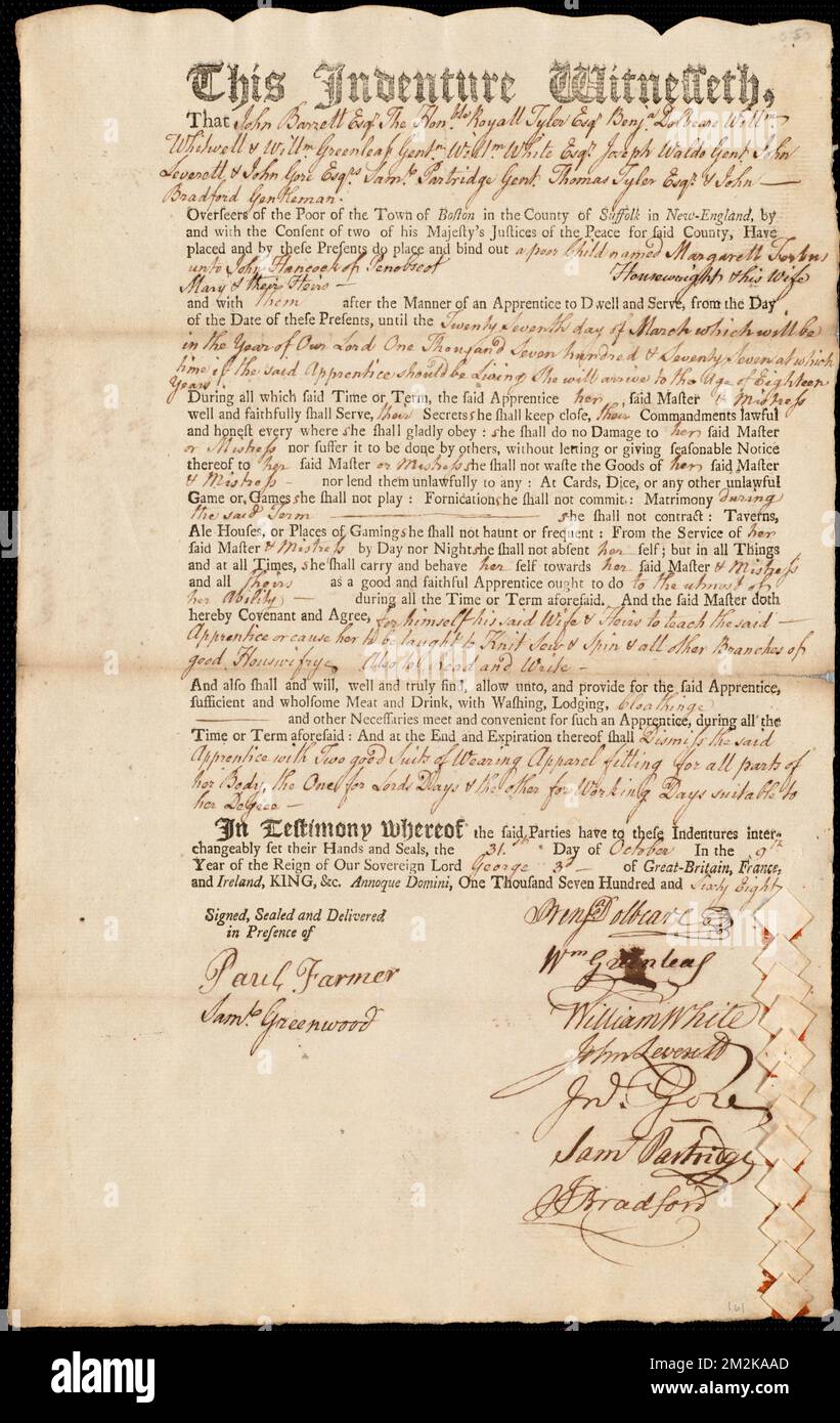 Document of indenture: Servant: Forbus, Margarett. Master: Hancock ...