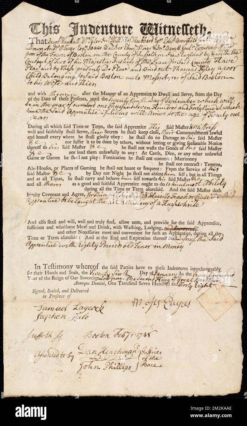 Document of indenture: Servant: Foley, Thomas. Master: Ayres, Moses ...
