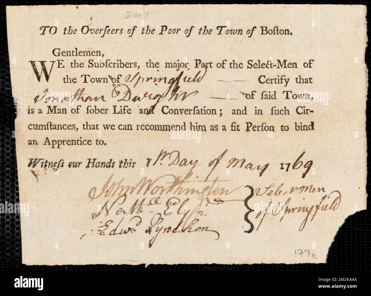 Document of indenture: Servant: Forrest, Ann. Master: Dwight, Jonathan ...