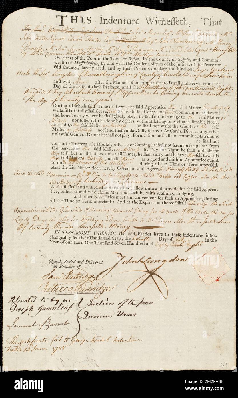 Document of indenture: Servant: Gardener, James. Master: Langdon, John ...