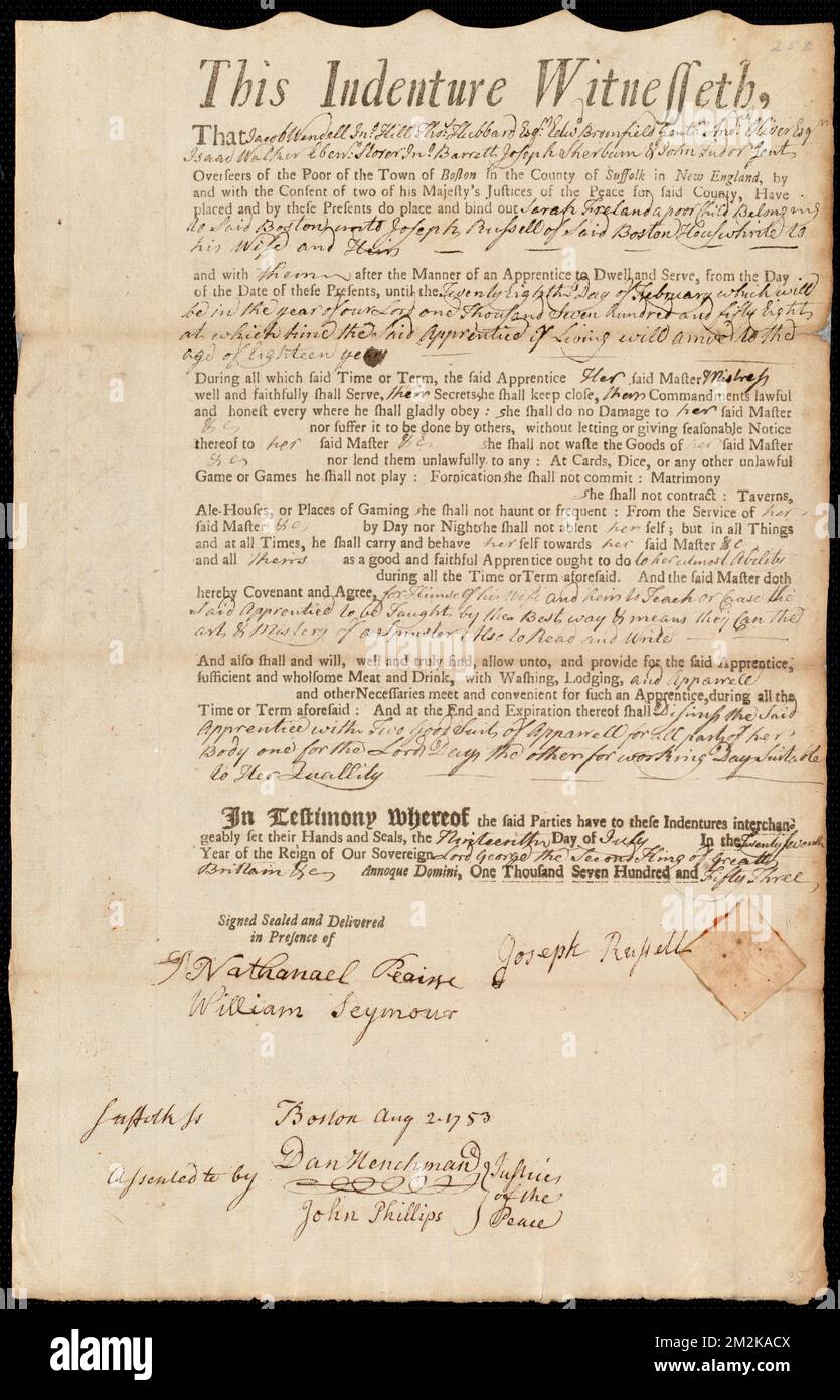 Document of indenture: Servant: Freland, Sarah. Master: Russell, Joseph ...