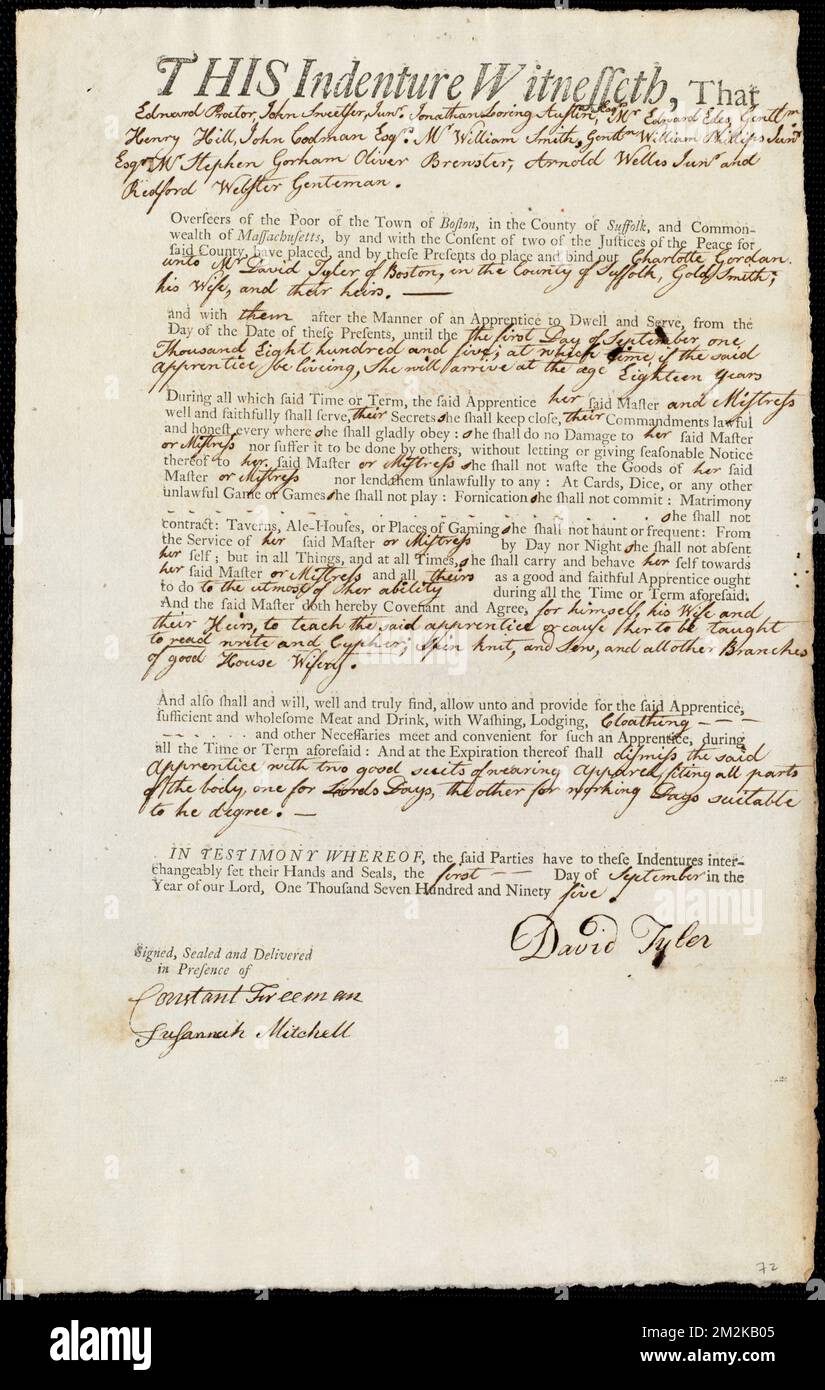 Document of indenture: Servant: Gordon, Charlotte. Master: Tyler, David ...
