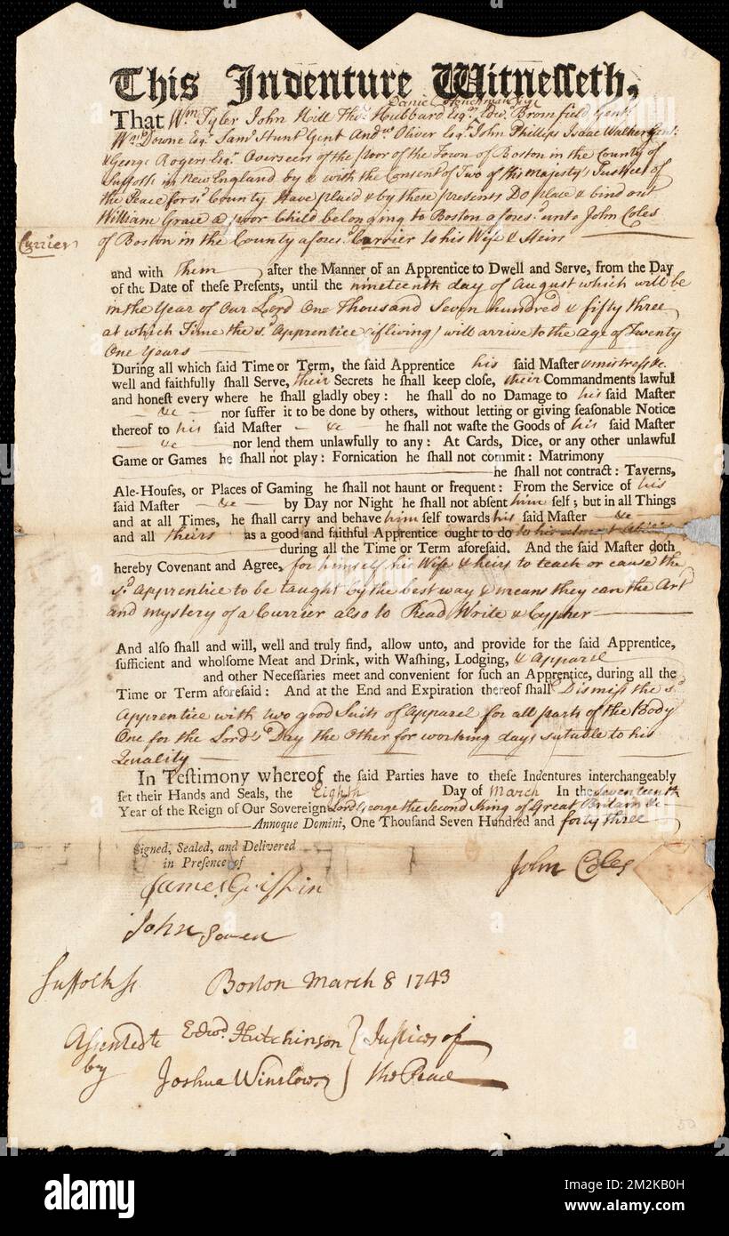 Document of indenture: Servant: Grace, William. Master: Coles, John ...
