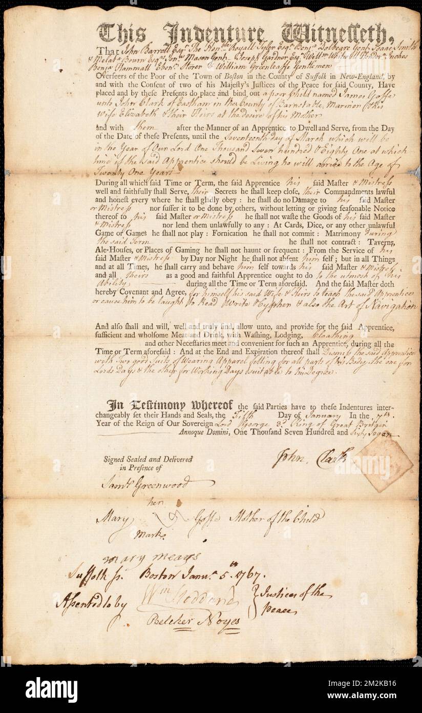 Document of indenture: Servant: Goffe, James. Master: Clark, John. Town ...