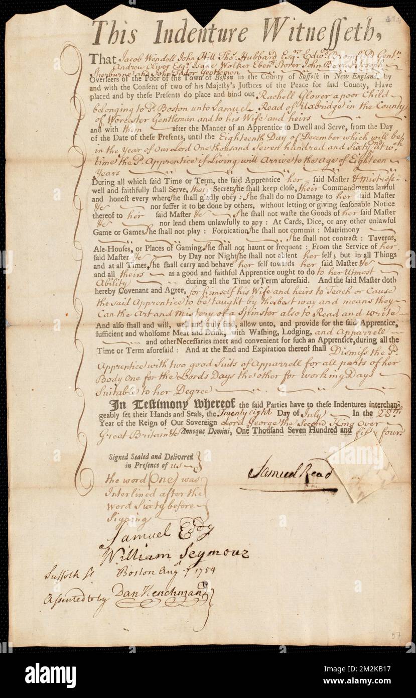 Document of indenture: Servant: Glover, Rachel [Rachell]. Master: Read ...
