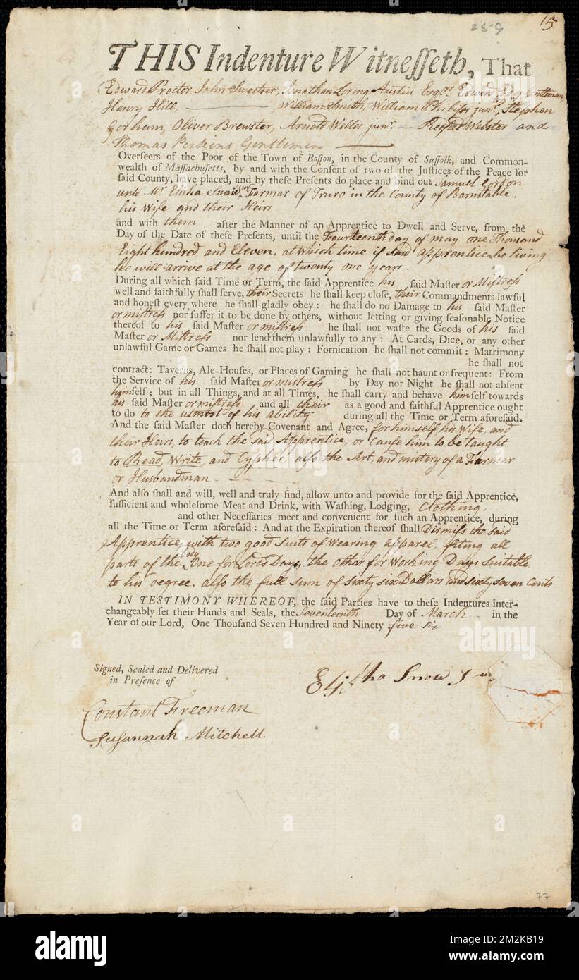 Document of indenture: Servant: Gordon, Samuel. Master: Snow, Elisha Jr ...
