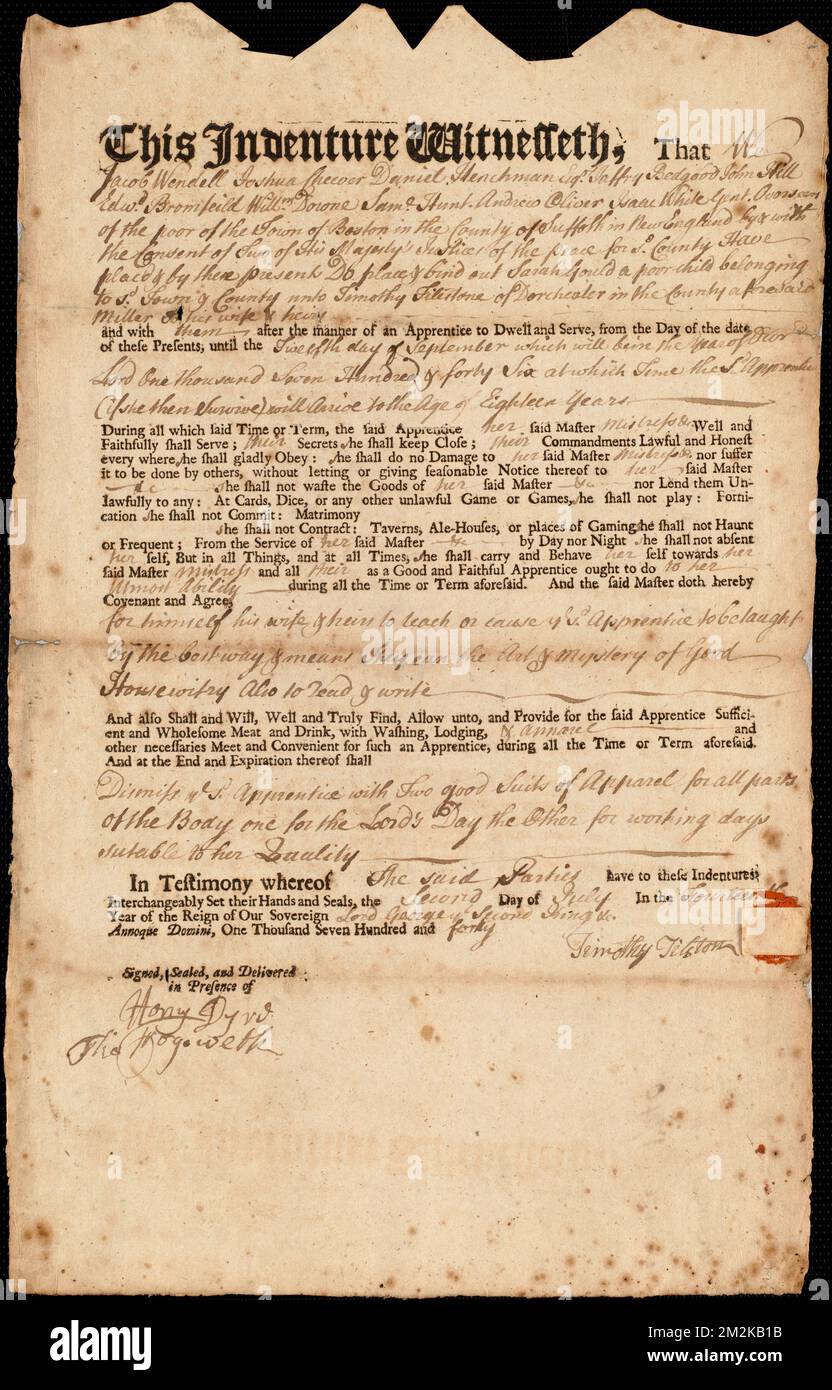 Document of indenture: Servant: Gould, Sarah. Master: Tilston, Timothy ...