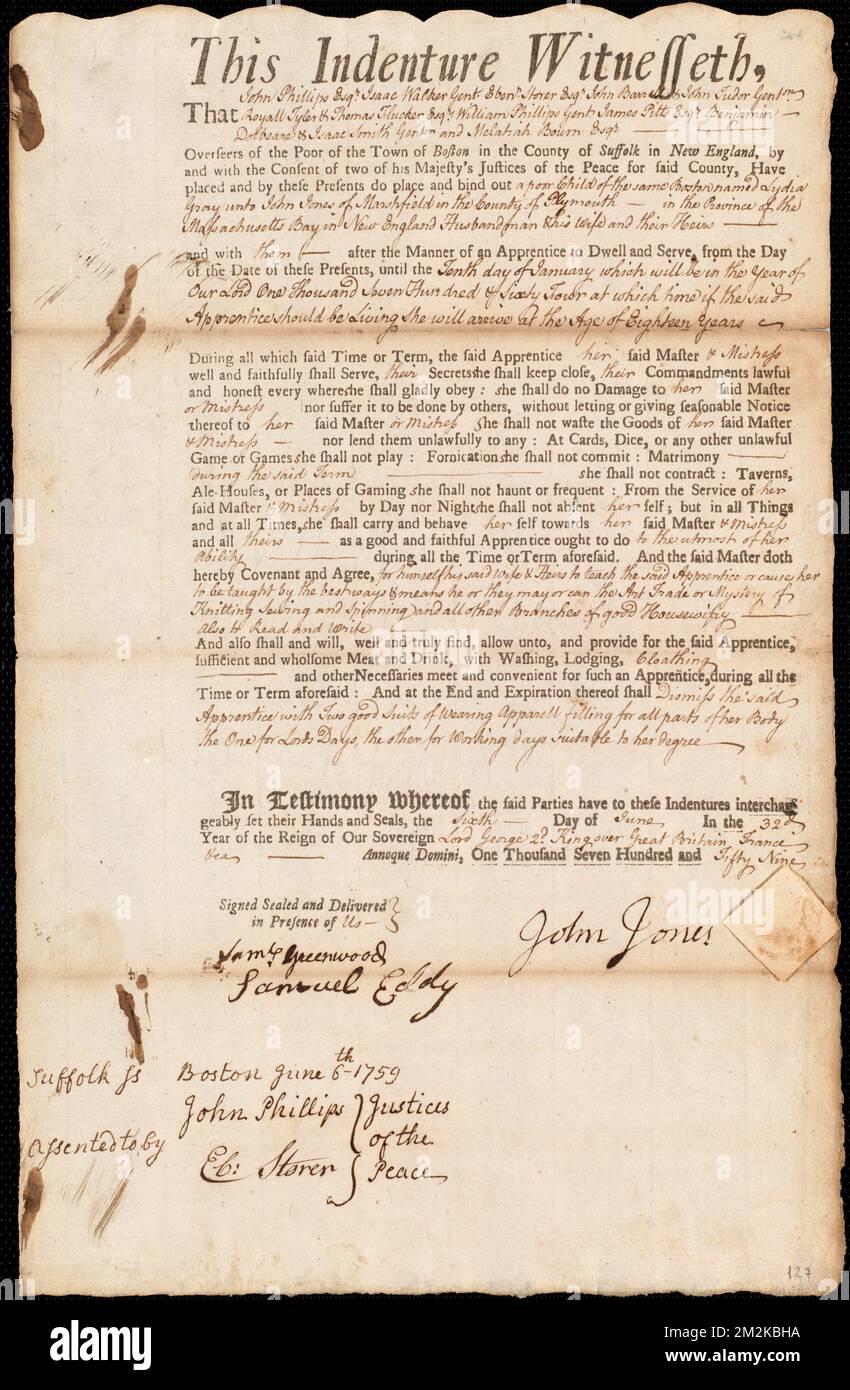 Document of indenture: Servant: Gray, Lydia. Master: Jones, John. Town ...