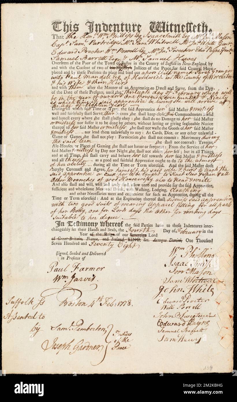Document of indenture: Servant: Granger, Sarah. Master: Mandell, Paul ...
