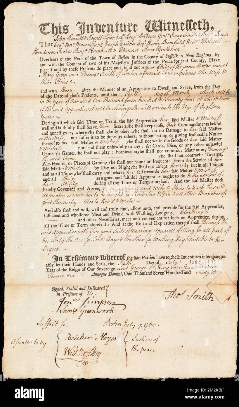 Document of indenture: Servant: Green, Mary. Master: Smith, Thomas ...