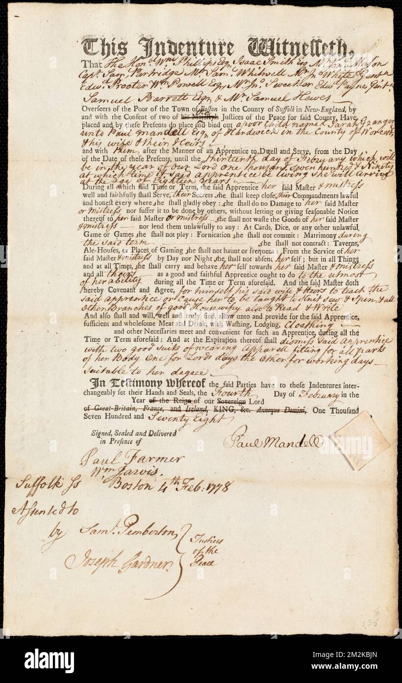 Document of indenture: Servant: Granger, Sarah. Master: Mandell, Paul ...