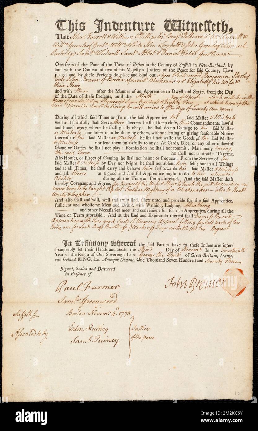 Document of indenture: Servant: Harley, Benjamin. Master: Brewer, John ...