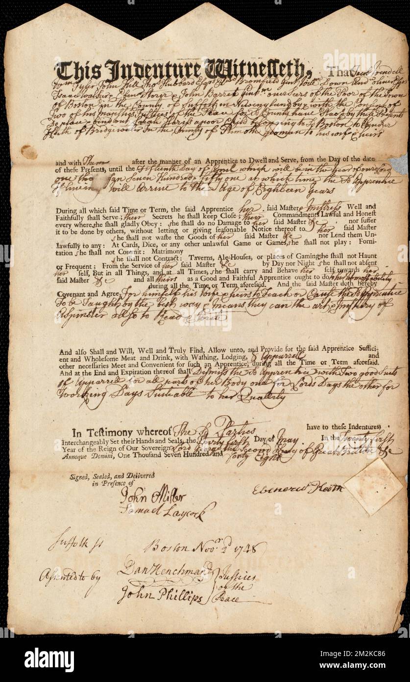 Document of indenture: Servant: Hariss, Sarah. Master: Keith, Ebenezer ...