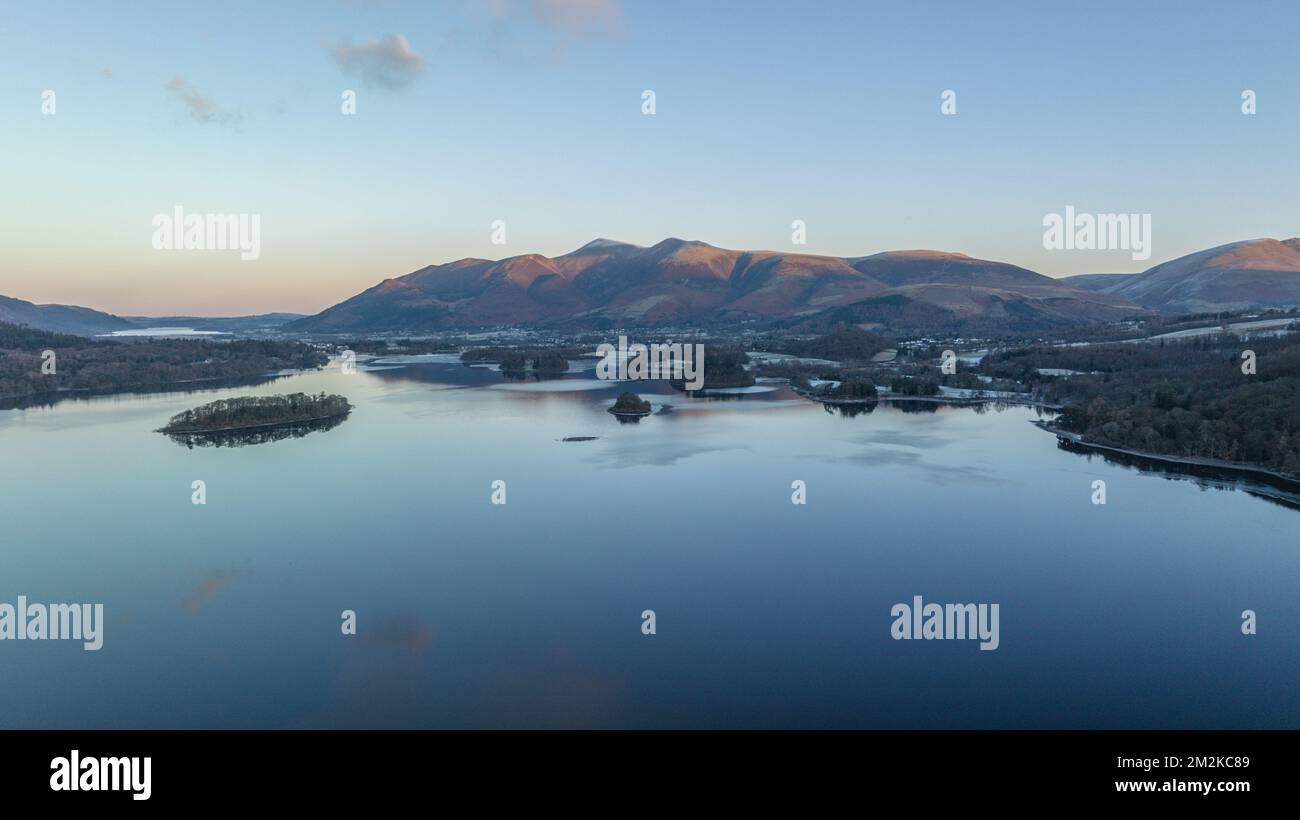 A frozen Derwent Water in the Lake District at Derwent Water, Keswick ...