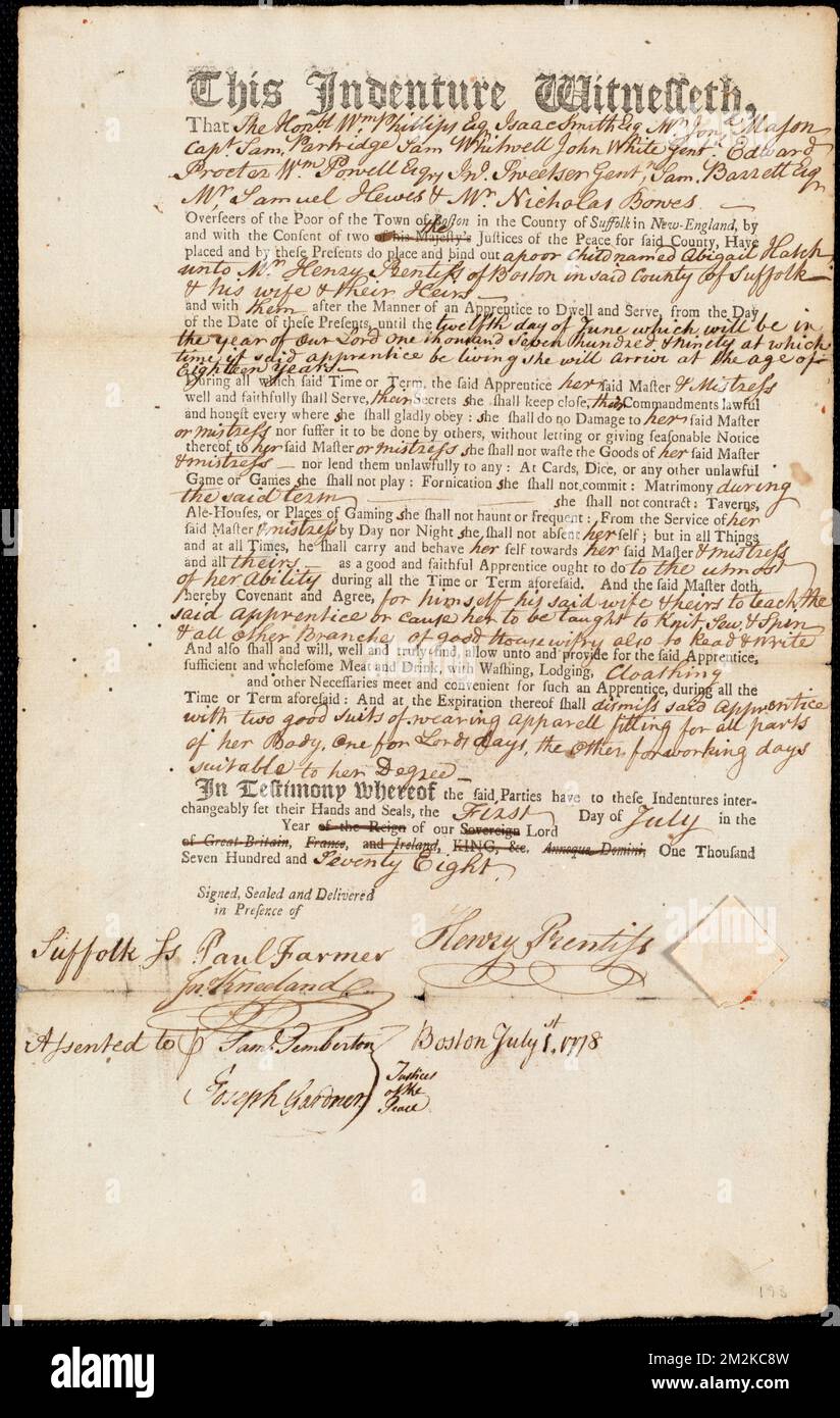 Document of indenture: Servant: Hatch, Abigail. Master: Prentiss, Henry ...