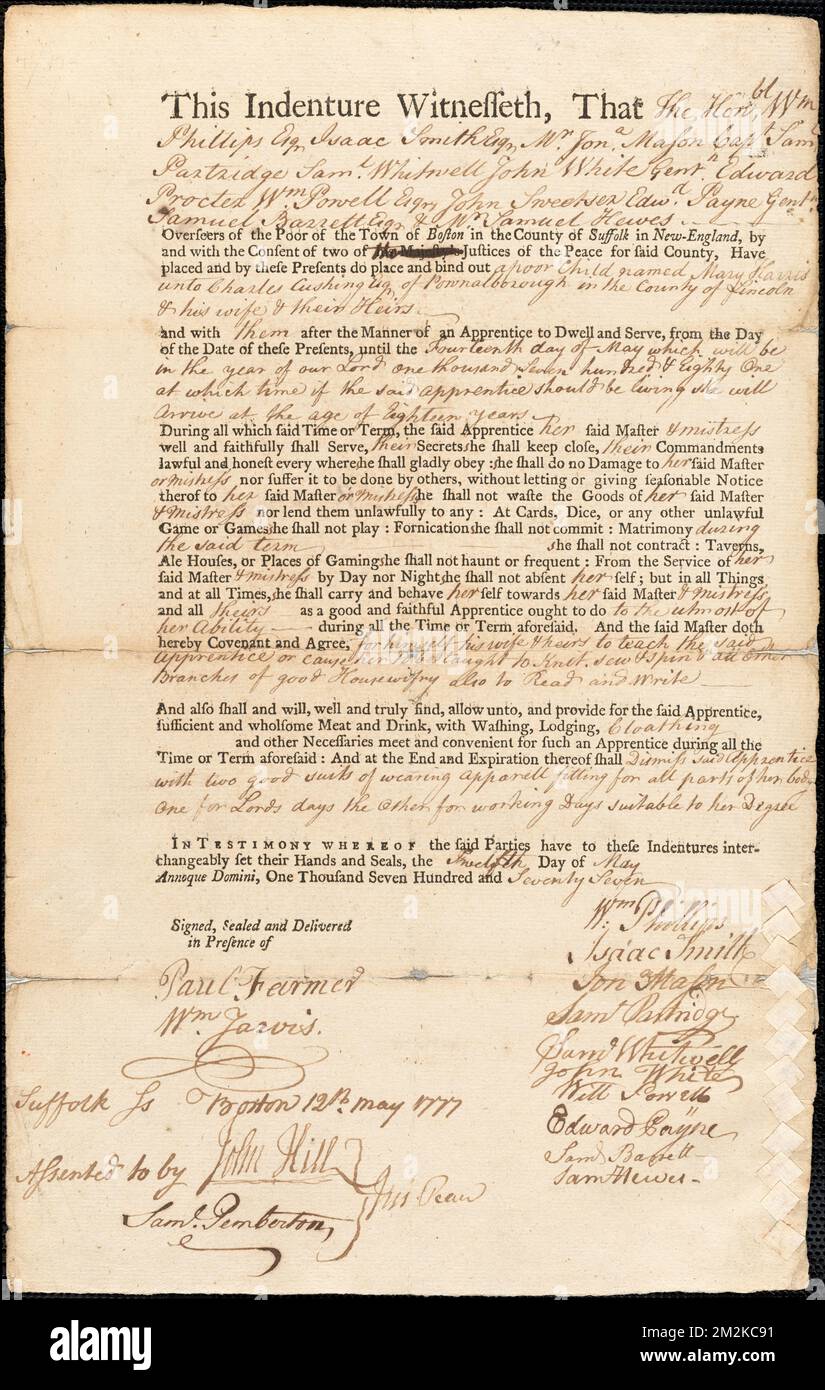 Document of indenture: Servant: Harris, Mary. Master: Cushing, Charles ...