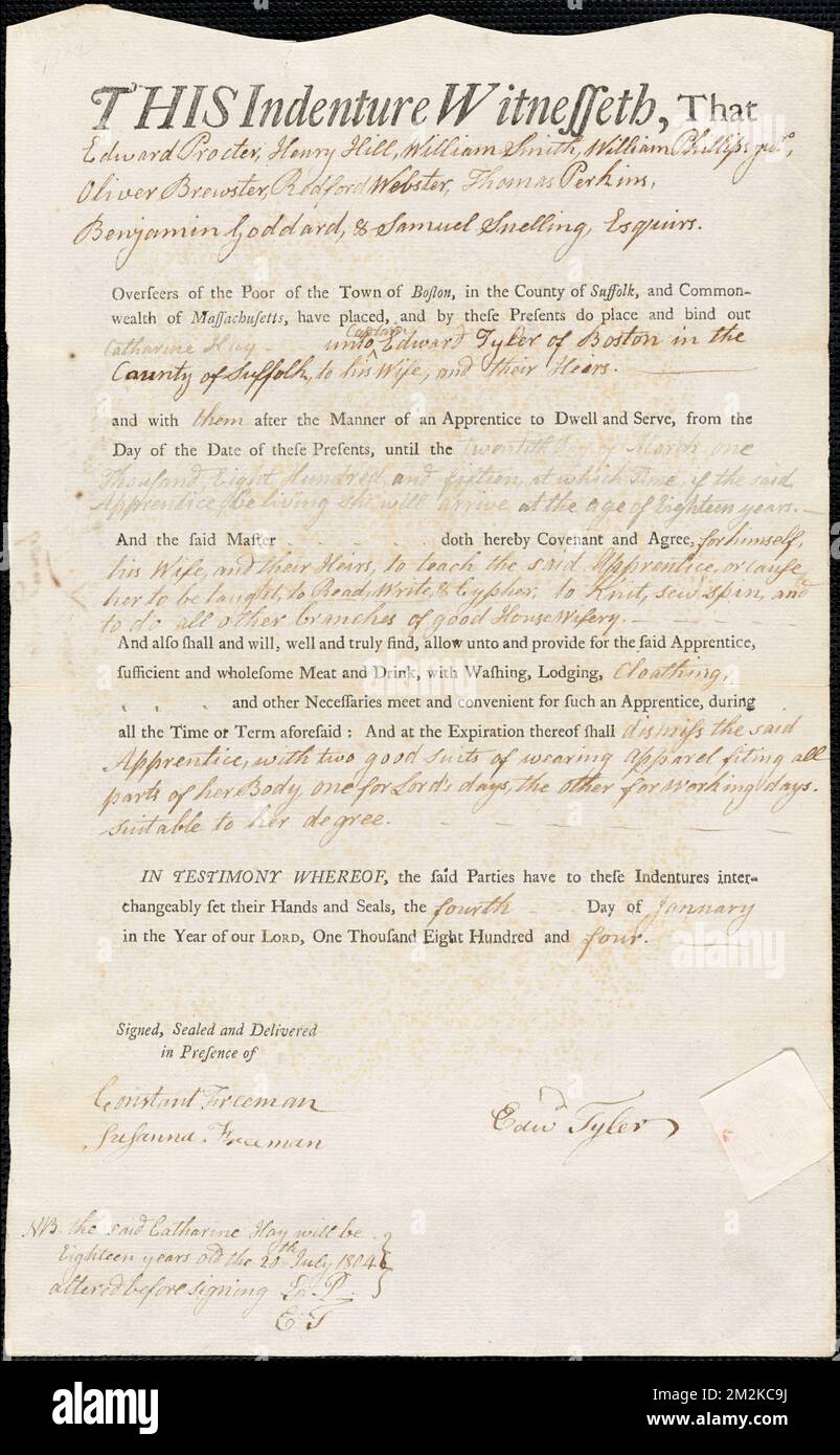 Document of indenture: Servant: Hay, Catherine. Master: Tyler, Edward ...