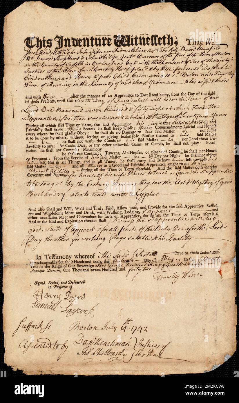 Document of indenture: Servant: Hewes, Richard. Master: Winn, Timothy ...