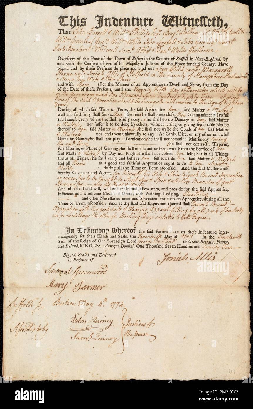 Document of indenture: Servant: Herne, Margarett. Master: Allis, Josiah ...