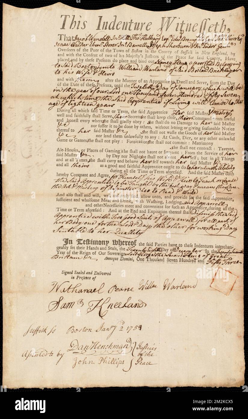 Document of indenture: Servant: Hews, Nancy. Master: Warland, William ...
