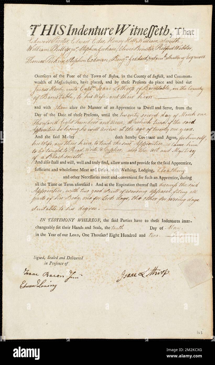 Document of indenture: Servant: Henly, James. Master: Lothrop, Isaac ...
