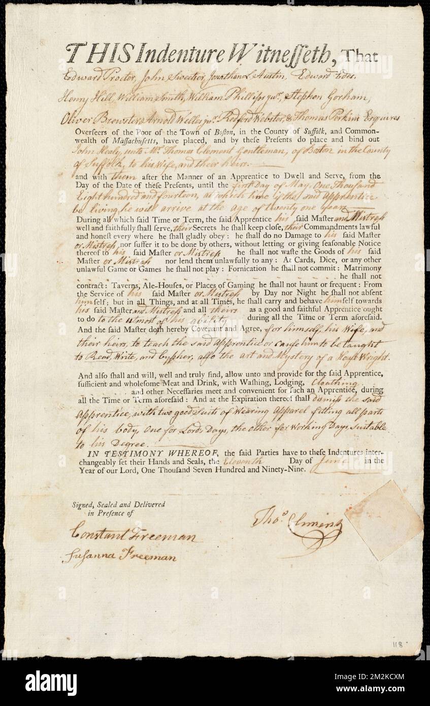 Document of indenture: Servant: Healy, John. Master: Clement, Thomas ...
