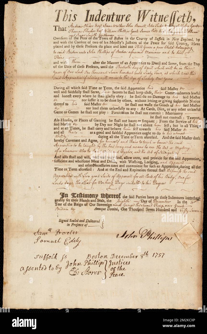 Document of indenture: Servant: Hill, Green. Master: Phillips, John ...