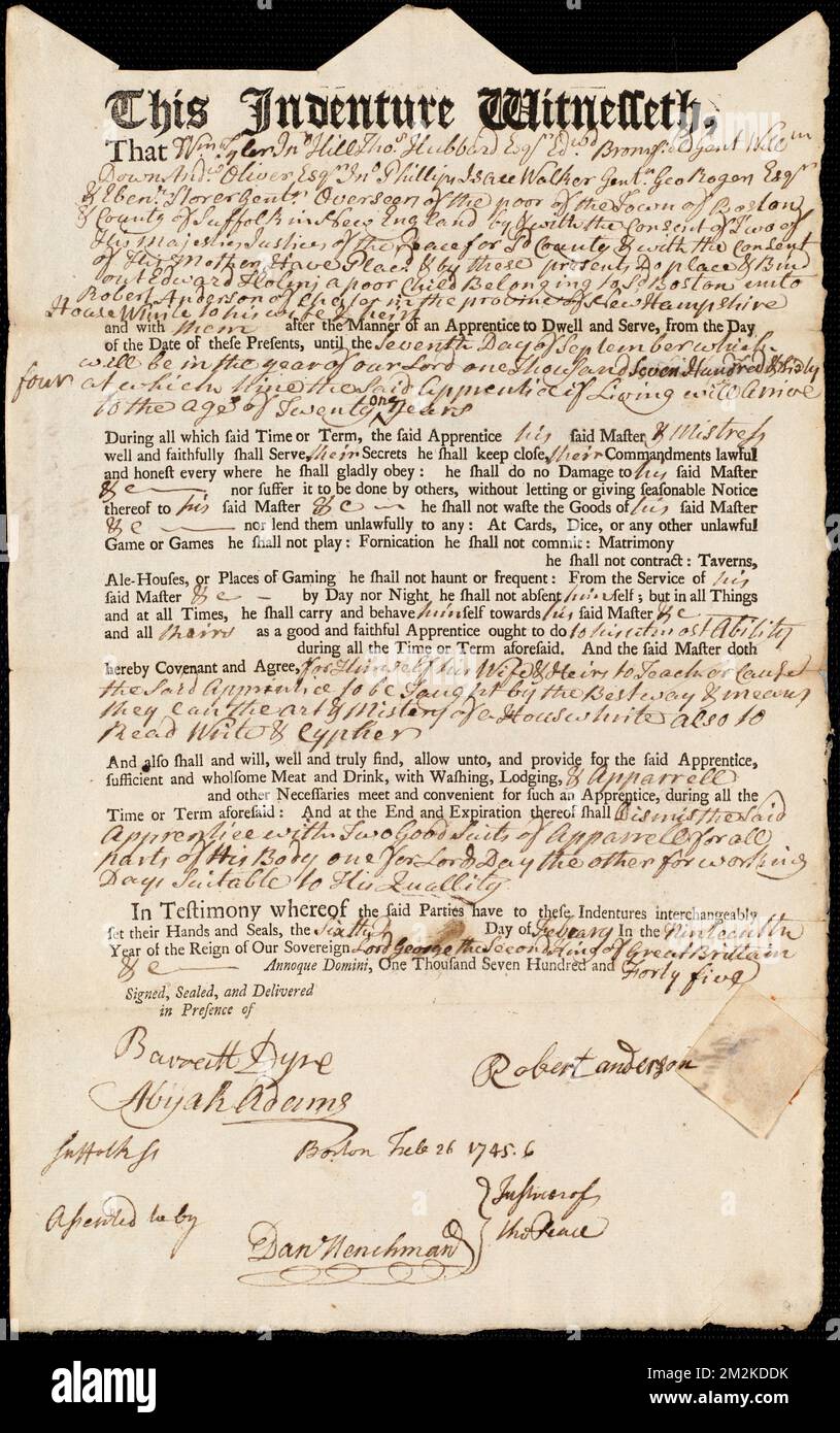 Document of indenture: Servant: Holms, Edward. Master: Anderson, Robert ...
