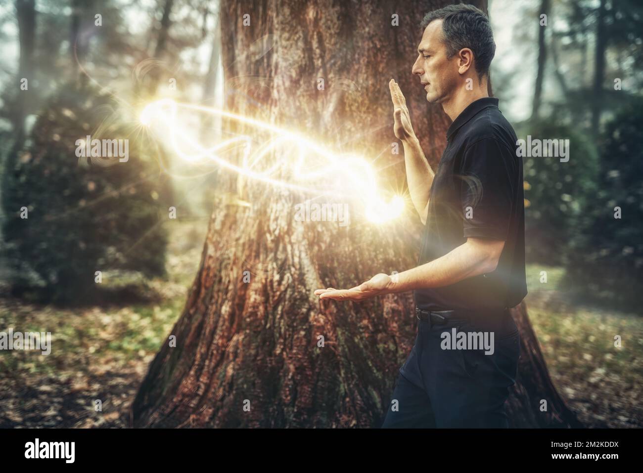 the flow of magical energy emanating from man's hands. Concept of ...