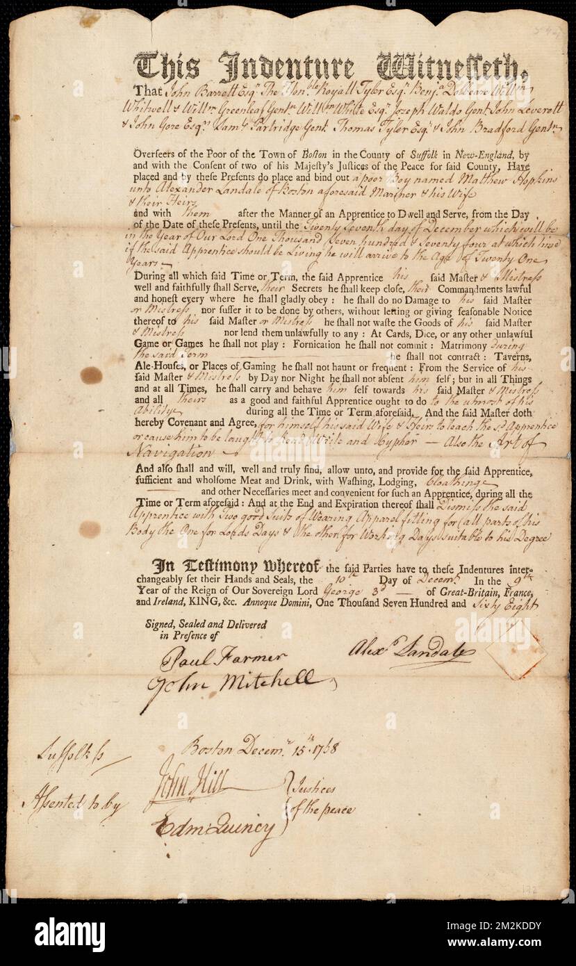 Document of indenture: Servant: Hopkins, Matthew. Master: Landale ...