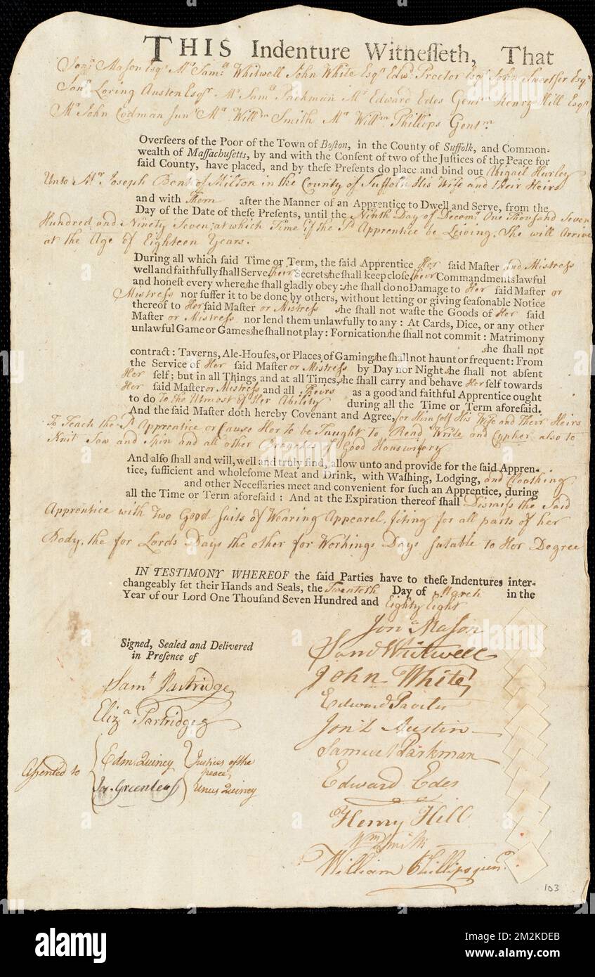 Document of indenture: Servant: Hurley, Abigail. Master: Bent, Joseph ...