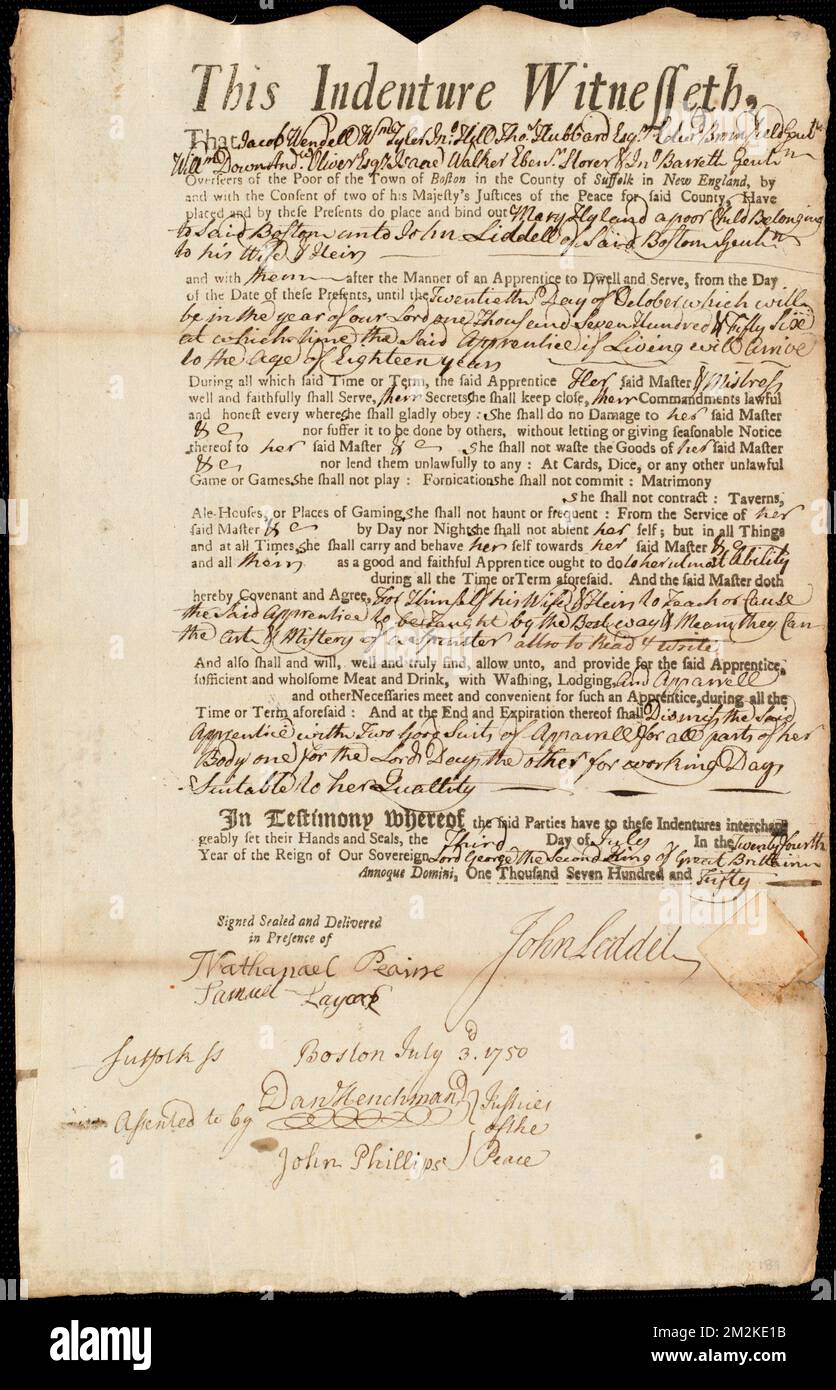 Document of indenture: Servant: Hyland, Mary. Master: Liddell, John ...