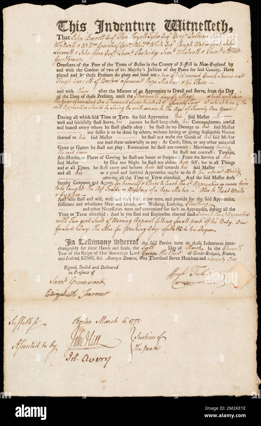 Document of indenture: Servant: Jarvis, Enoch. Master: Tarbett, Hugh ...