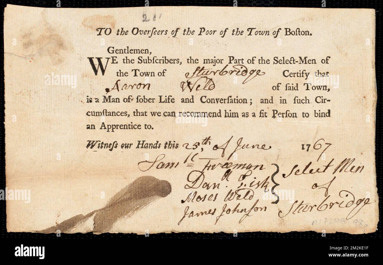 Document of indenture: Servant: Iverd, Henry. Master: Weld, Aaron. Town ...