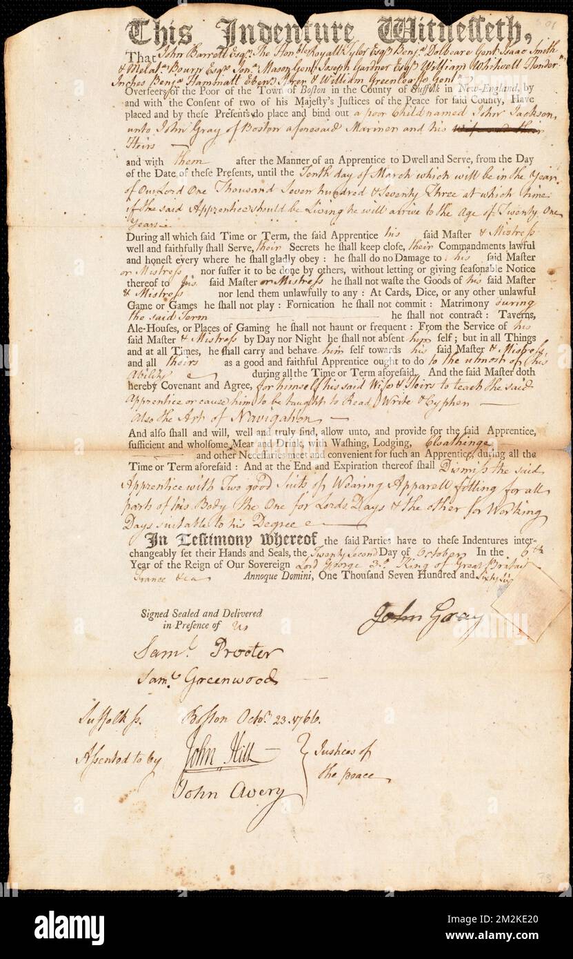 Document of indenture: Servant: Jackson, John. Master: Gray, John. Town ...