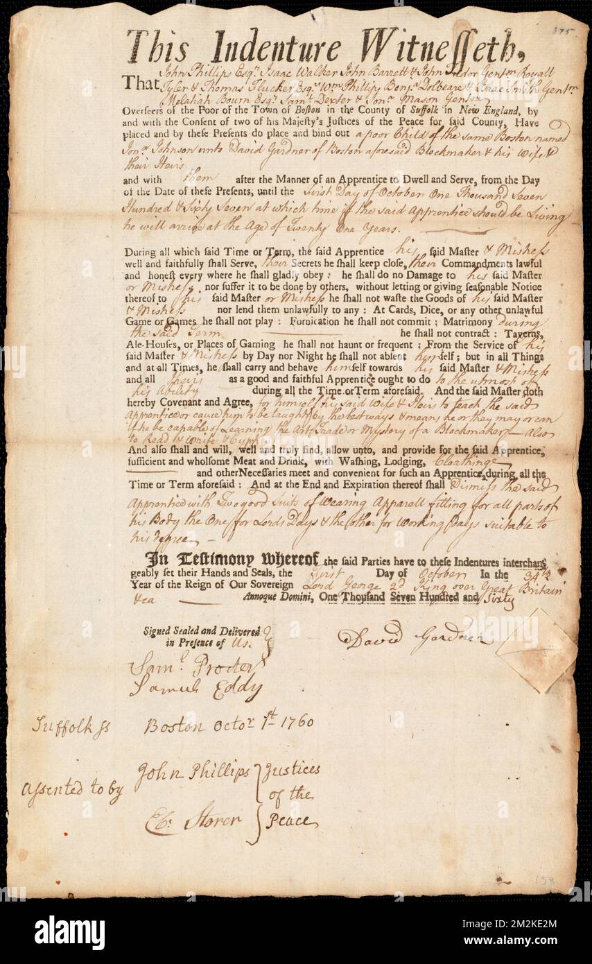 Document of indenture: Servant: Johnson, Jonathan. Master: Gardner ...