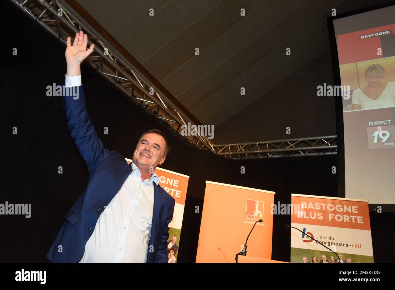 cdH's Benoit Lutgen celebrates at a party meeting on the evening after ...
