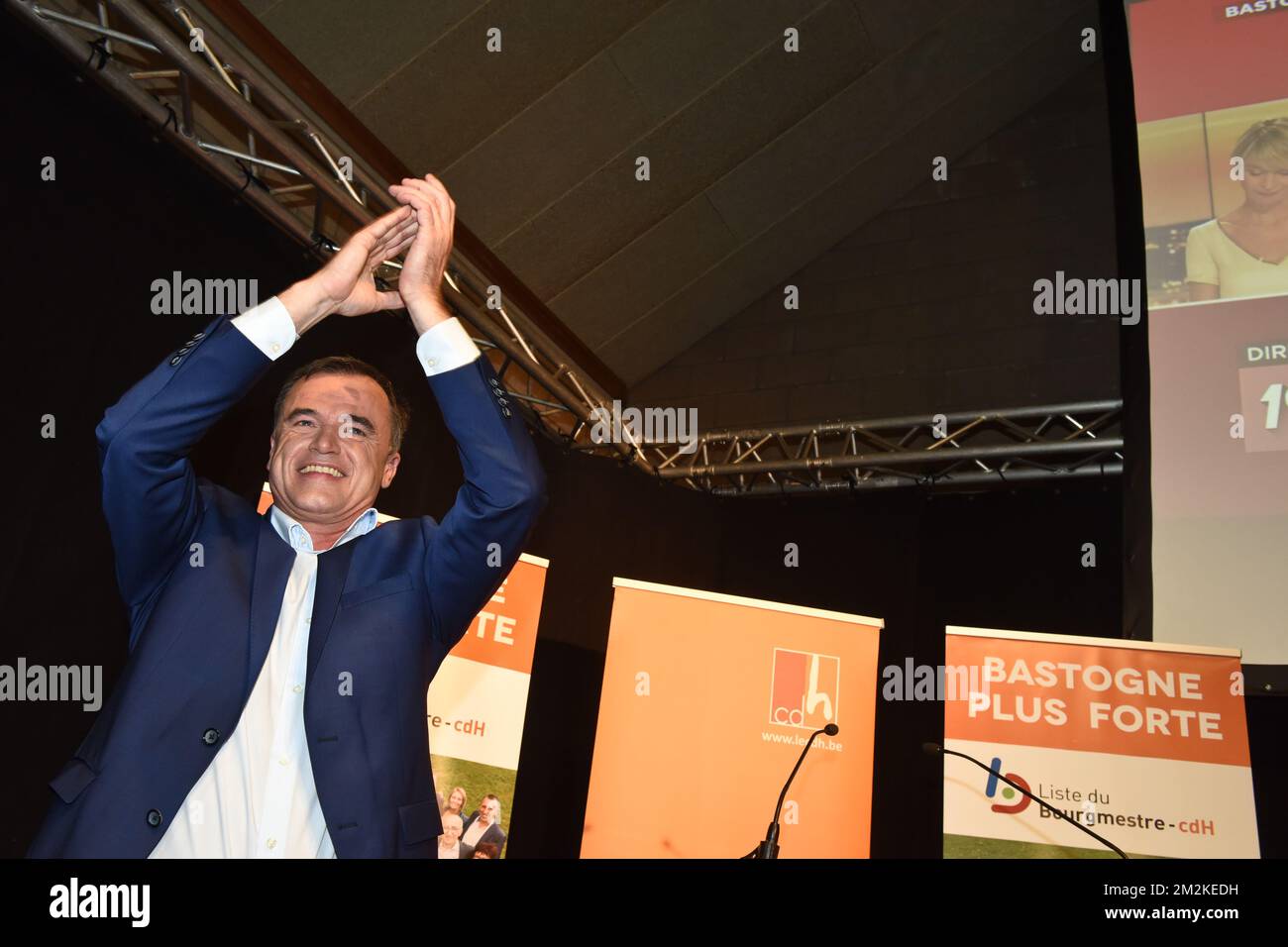 cdH's Benoit Lutgen celebrates at a party meeting on the evening after ...