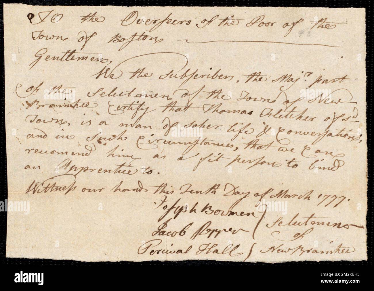 Document of indenture: Servant: Jones, Mary. Master: Fletcher, Thomas ...
