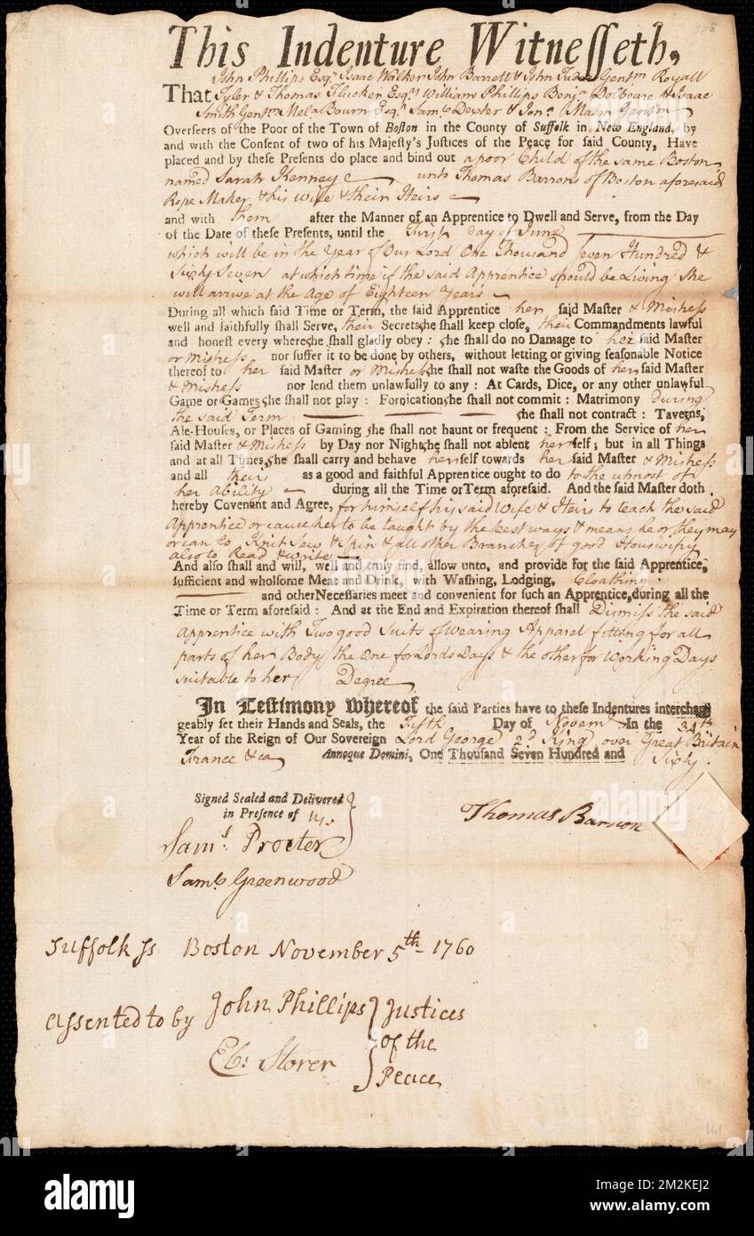 Document of indenture: Servant: Kenney, Sarah. Master: Barron, Thomas ...
