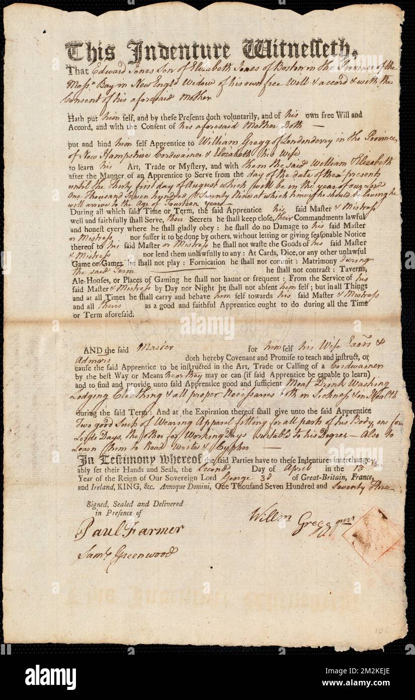 Document of indenture: Servant: Jones, Edward. Master: Gregg, William ...