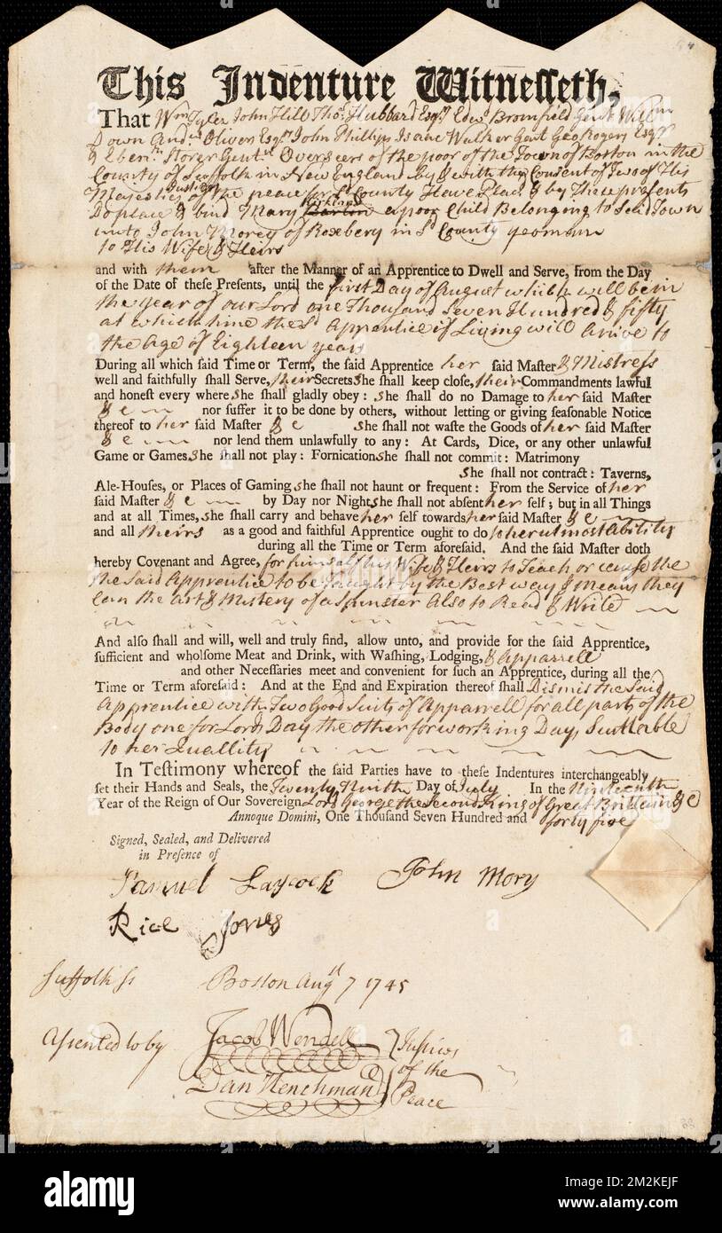 Document of indenture: Servant: Kirkland, Mary. Master: Morey, John ...