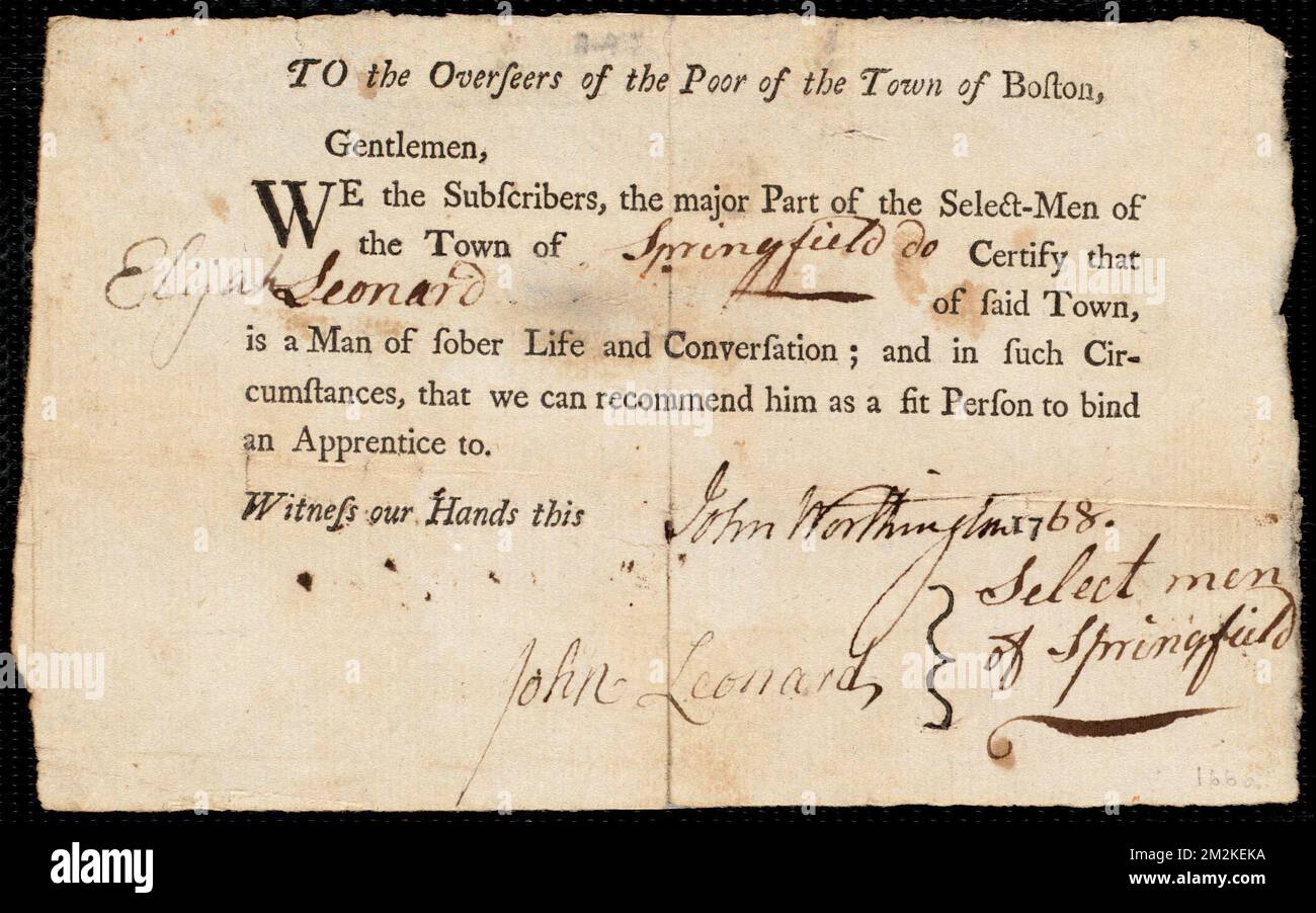 Document of indenture: Servant: Lassley, Sarah. Master: Leonard, Elijah ...