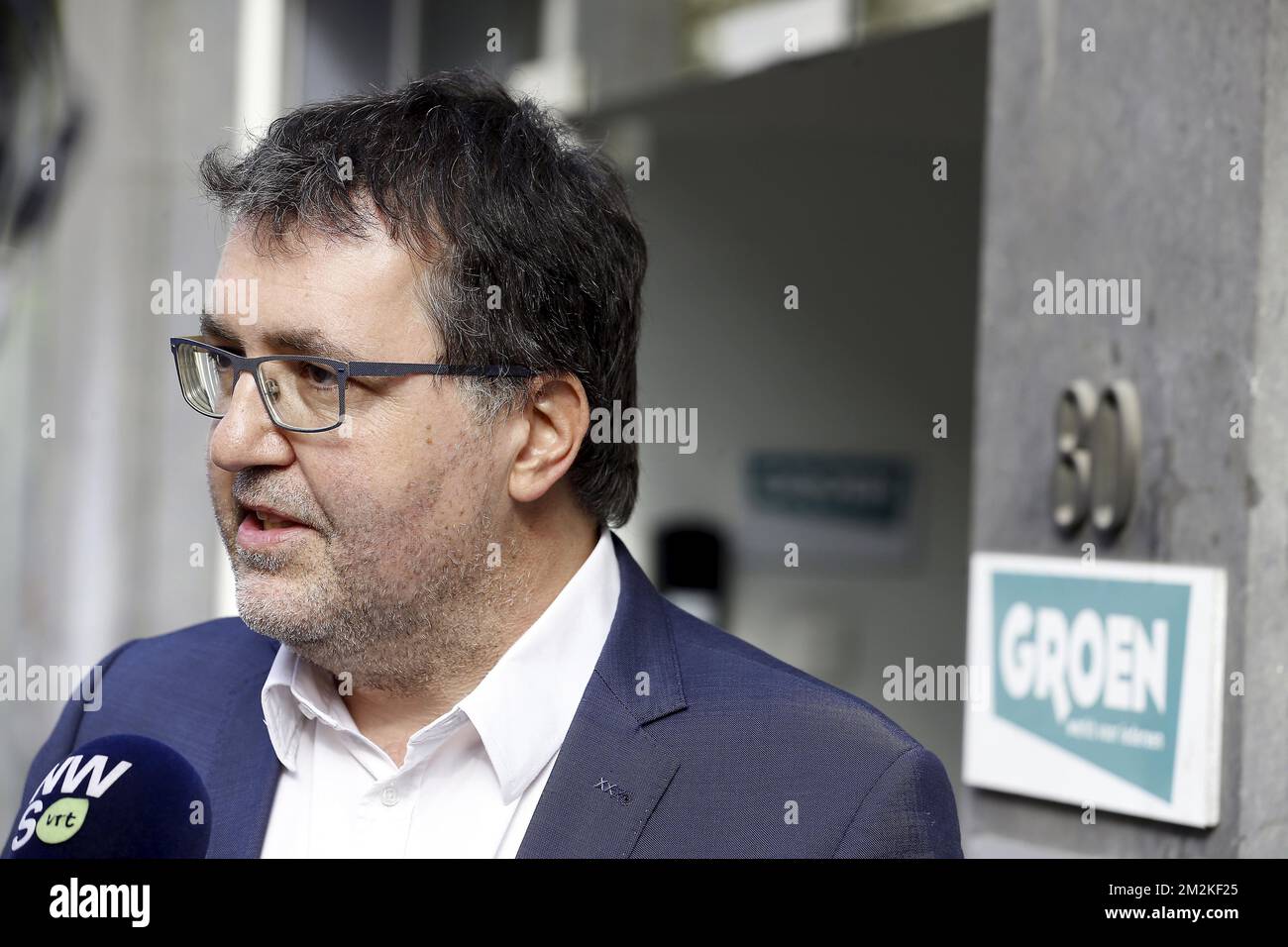 Groen's Wouter Van Besien talks to the press during a party bureau of ...
