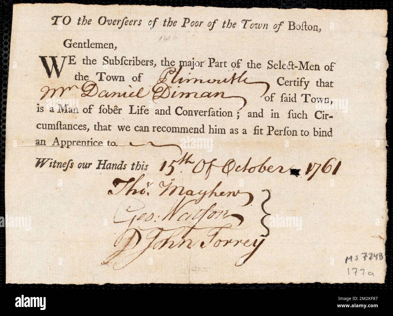 Document of indenture: Servant: Lish, George. Master: Diman, Daniel ...