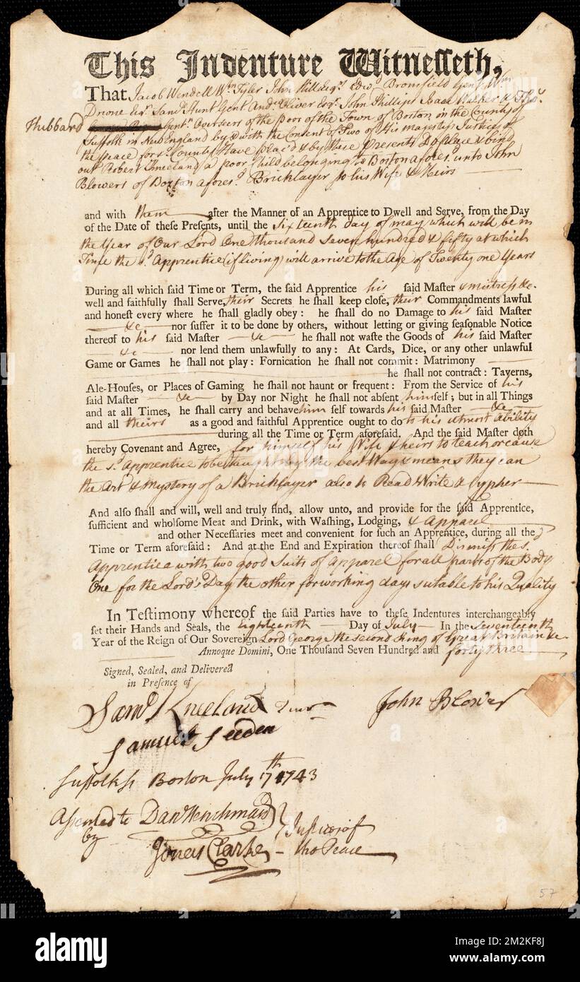 Document of indenture: Servant: Kneeland, Robert. Master: Blower, John ...