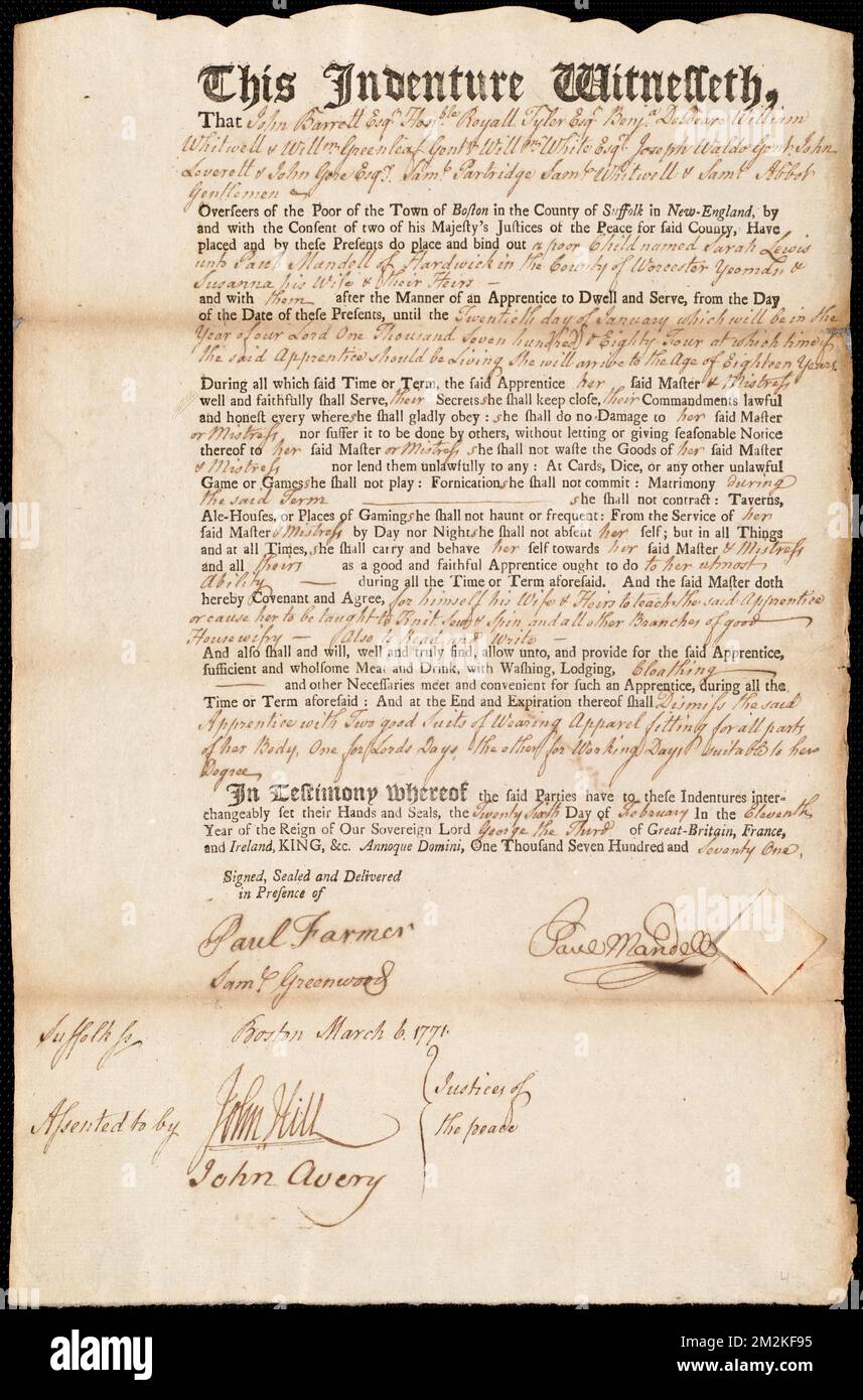 Document of indenture: Servant: Lewis, Sarah. Master: Mandell, Paul ...