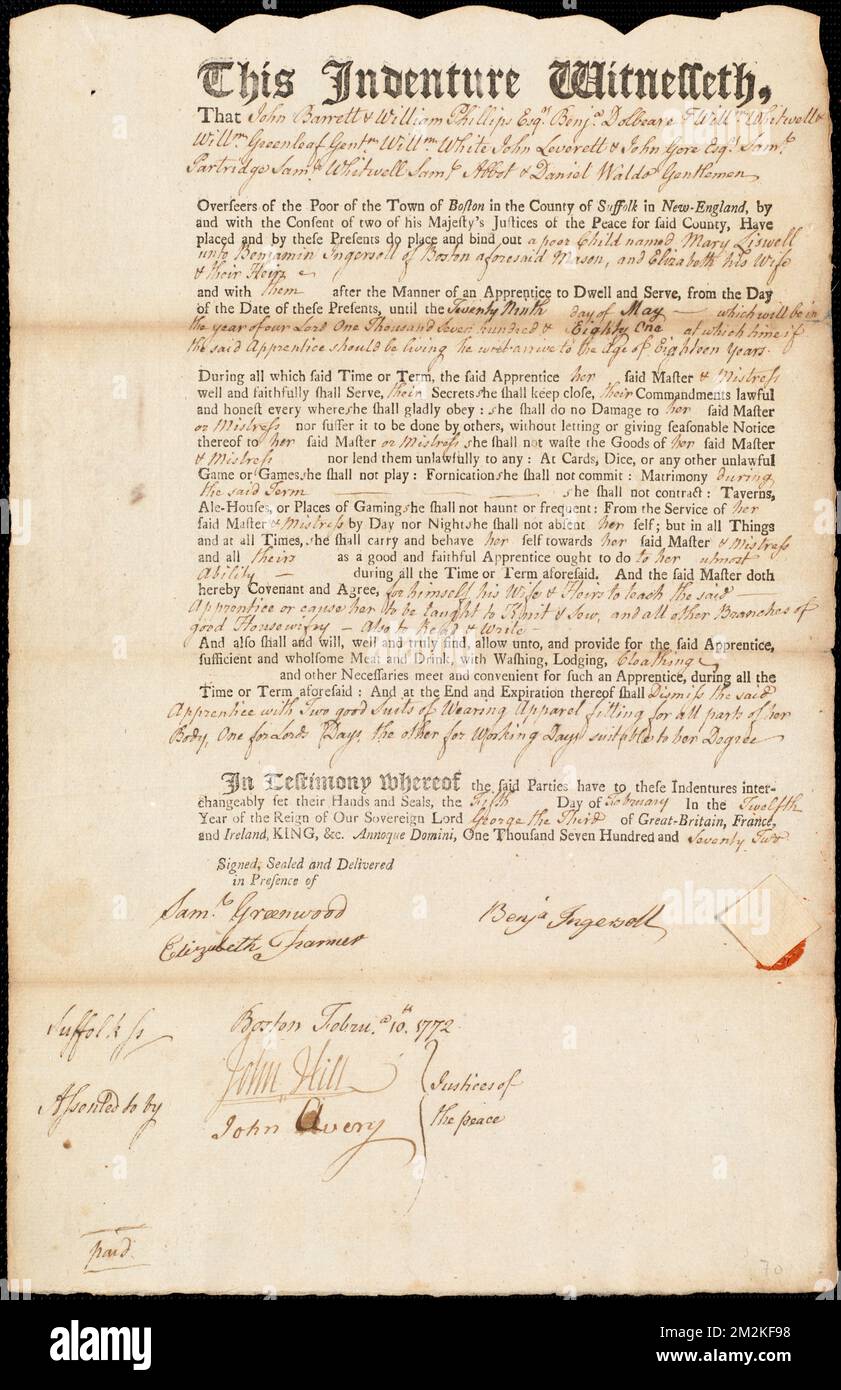 Document of indenture: Servant: Liswell, Mary. Master: Ingersoll ...
