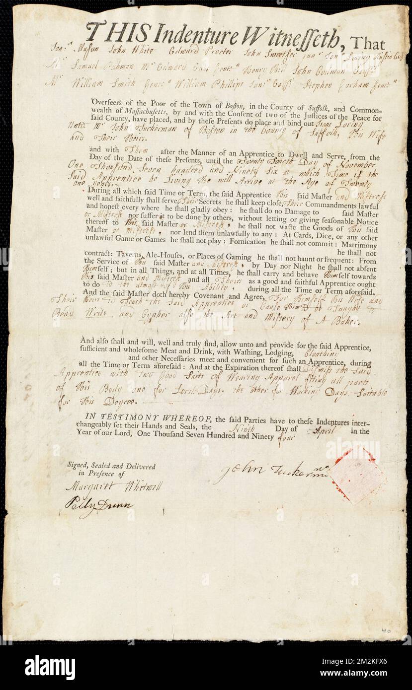 Document of indenture: Servant: Loring, Isaac. Master: Tuckerman, John ...